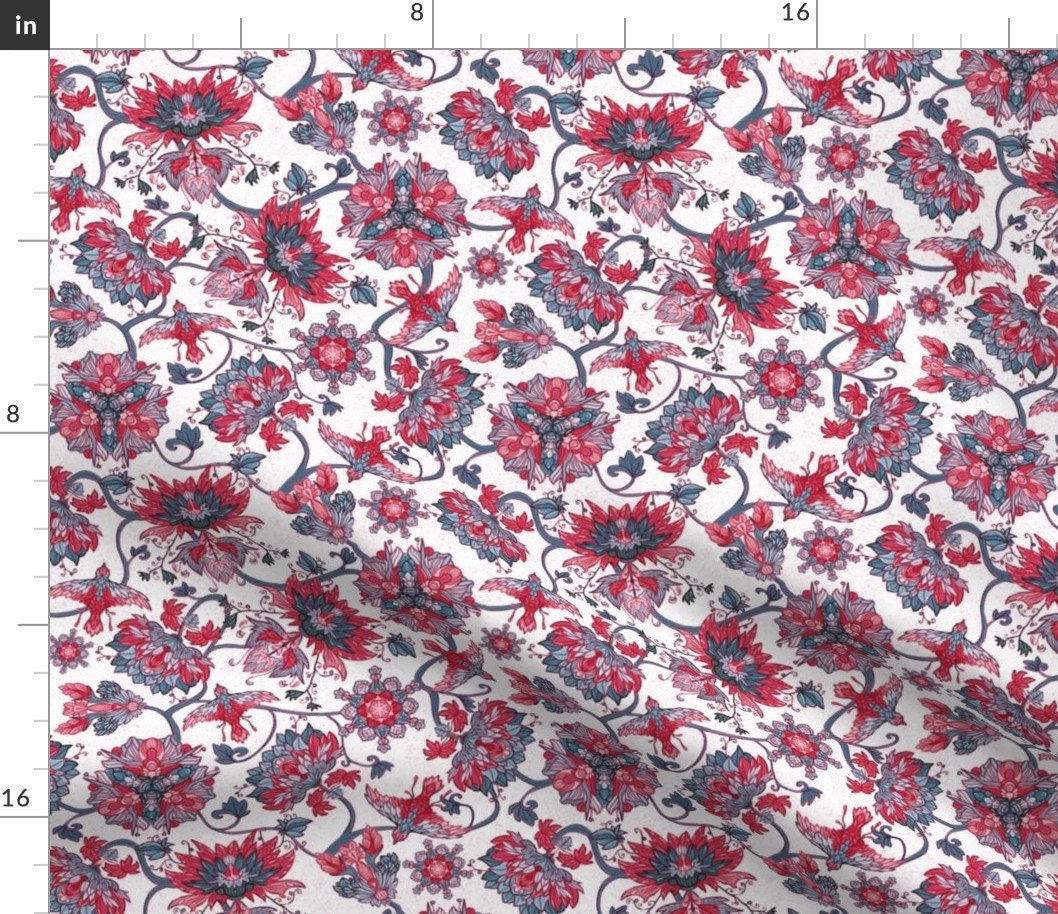 Red Floral Chintz Illustration Fabric Chintz'N Birds By | Etsy