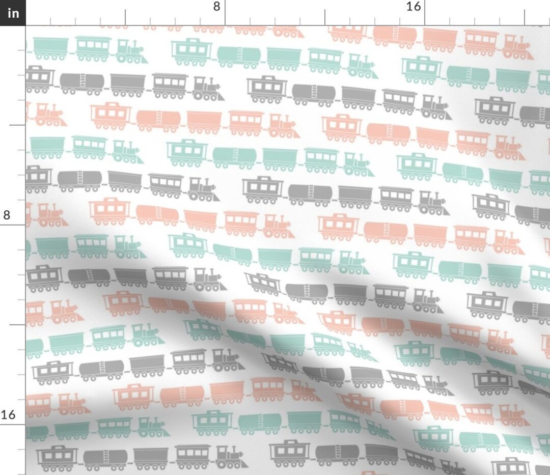 Trains Fabric Trains Pink, Mint, Grey Baby Girl Fabric by ...