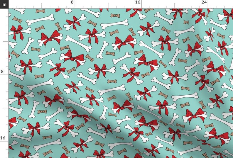 Dog Bones Fabric - Dogs Bone Turquoise Red by Fernlesliestudio ...