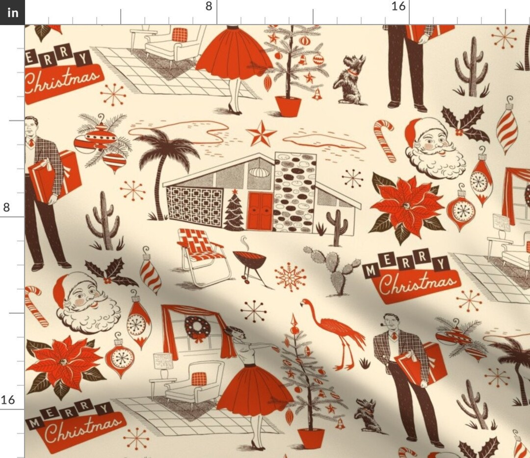 Red Christmas Toile Fabric Merry Mid-century by Ruby_ritz Vintage Retro ...