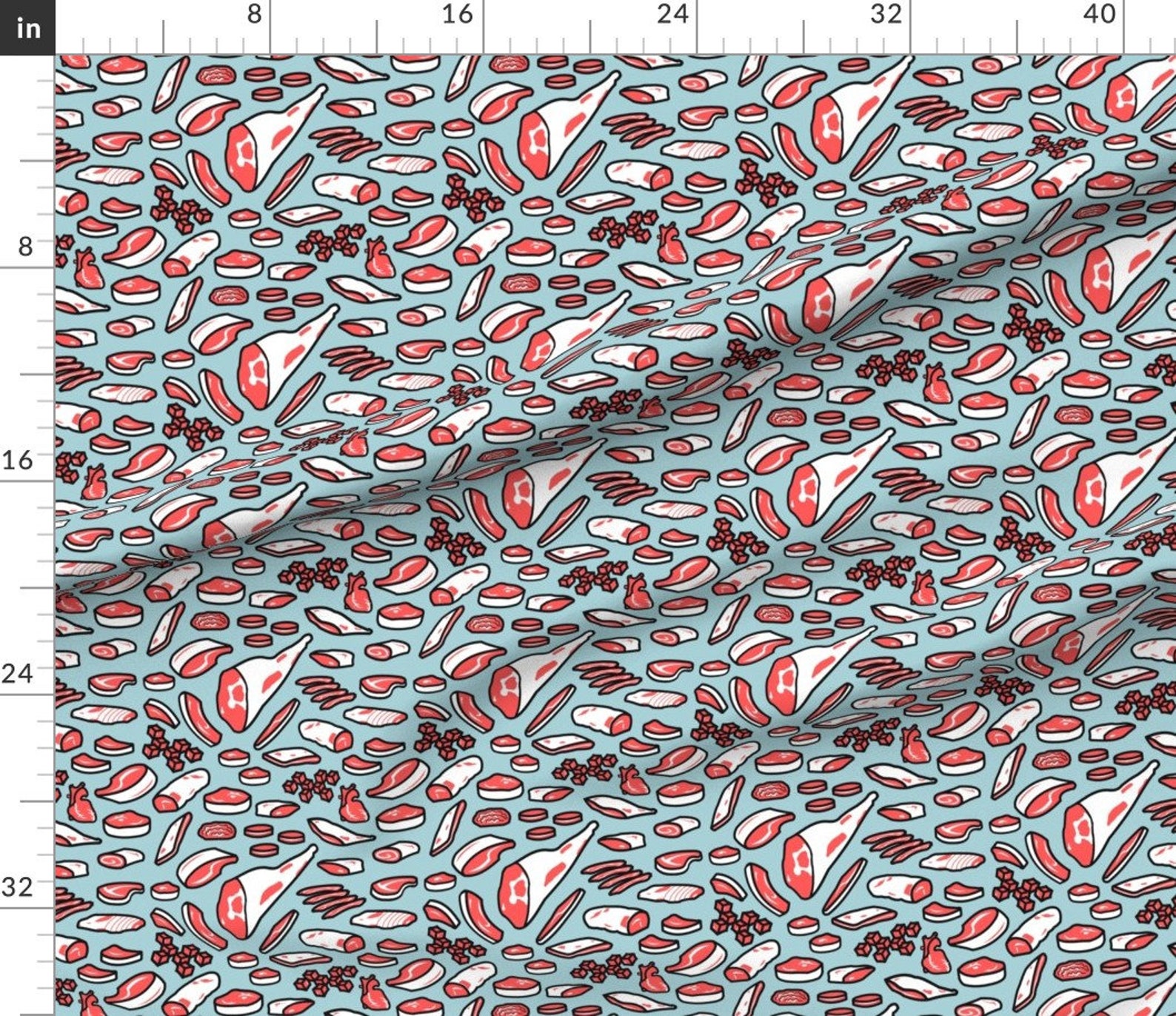 Butcher Fabric All Meat Blue by Thirdhalfstudios Meat - Etsy