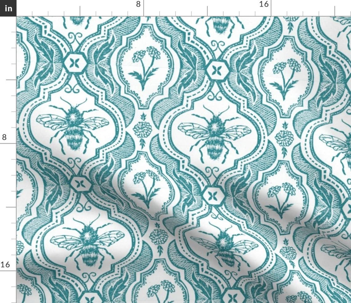 Bee Turquoise Geometric Fabric Bee Repeat In Blue By Km - Etsy France