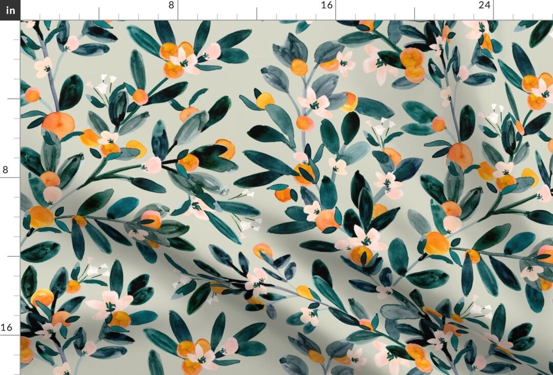 Citrus Fruit Watercolor Print Fabric - Clementine Sprigs-silver Sage by ...