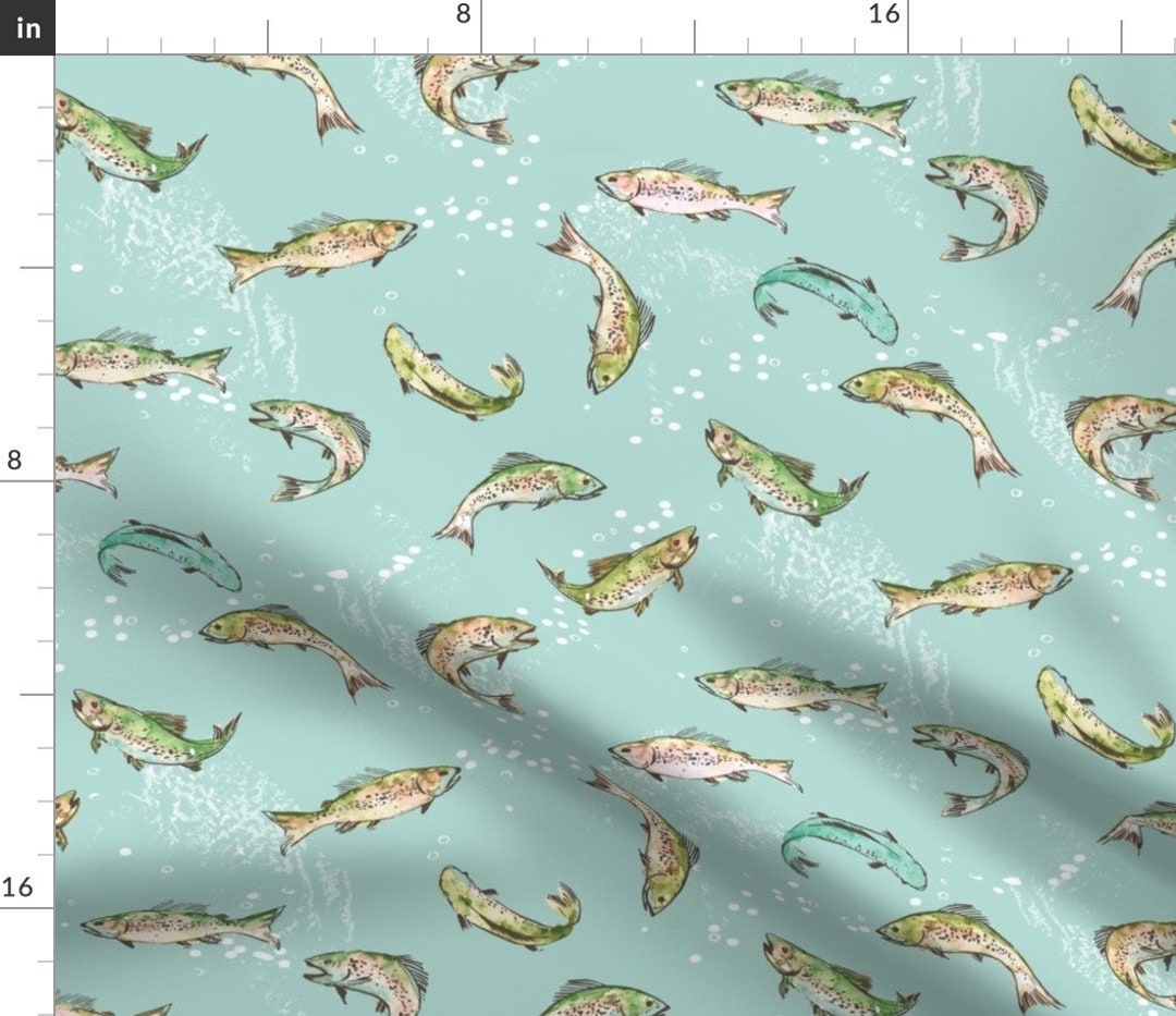 Splashing Fishes Fabric Lets Go Fishing Sea Green by Nouveau Bohemian ...