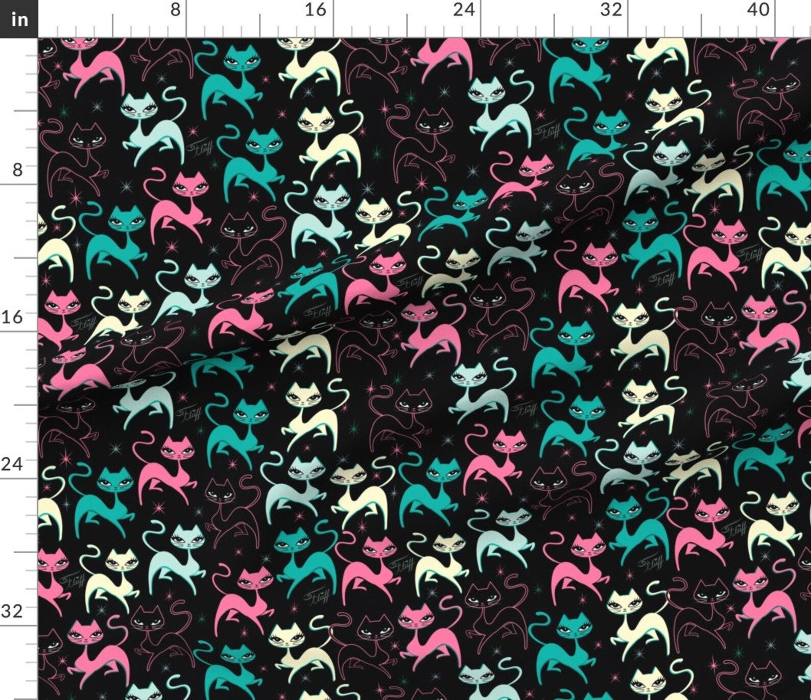 Mid Century Modern Fabric Prancing Kitten-fabric-black by | Etsy