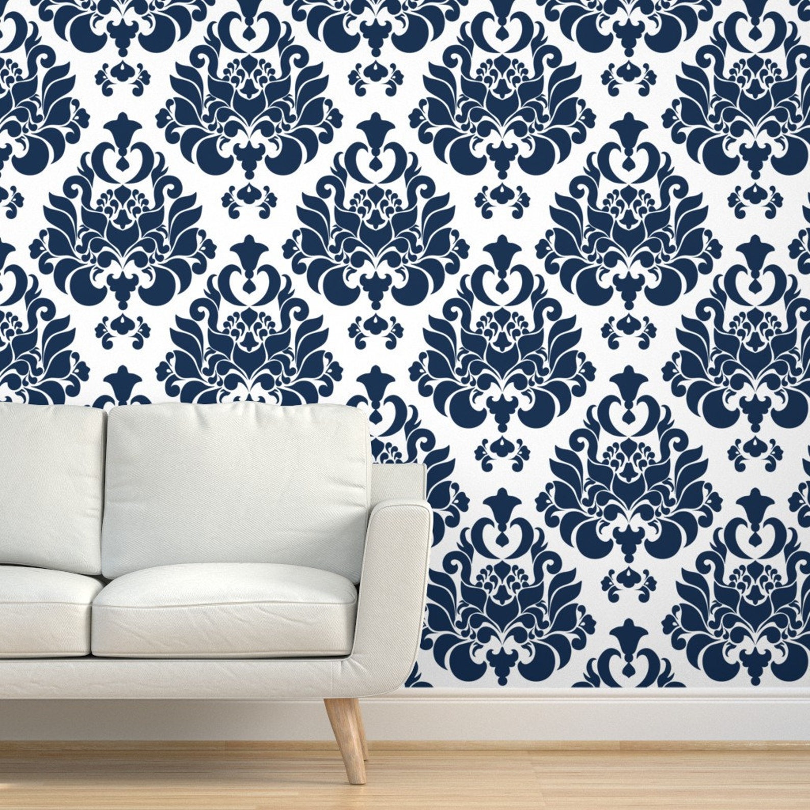 Navy Damask Wallpaper Damask Navy by Mintedtulip Victorian | Etsy