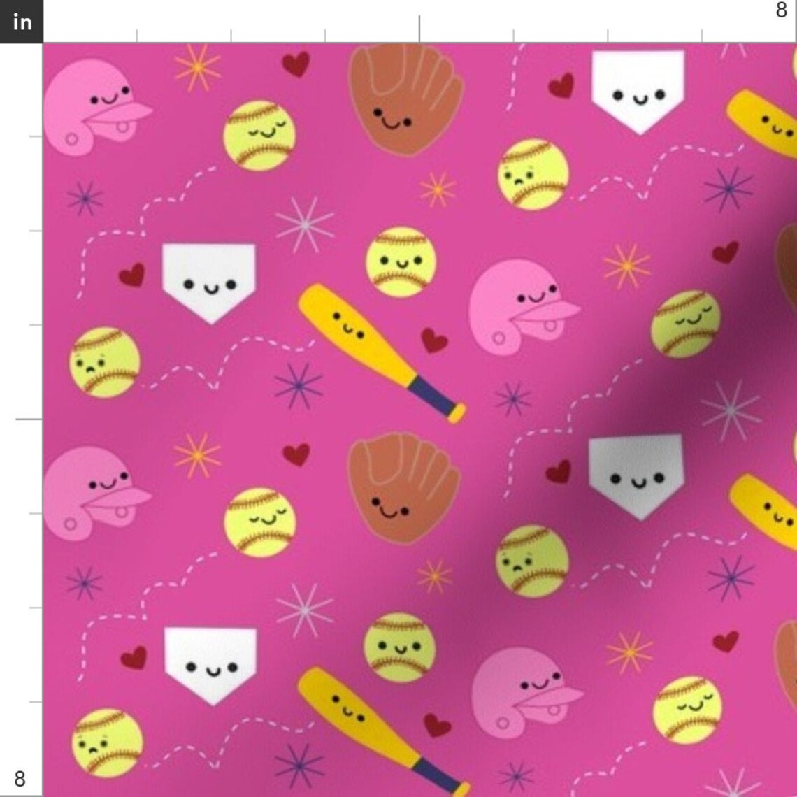 Softball Fabric Happy Softball and Friends Pink by - Etsy