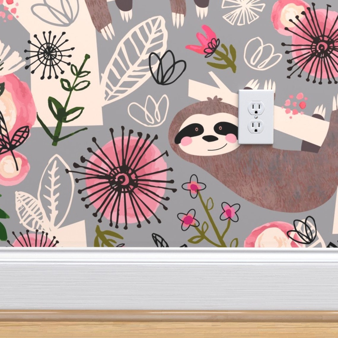 Sloths Wallpaper Lovable Sloths Large by Sarah Treu Pink - Etsy
