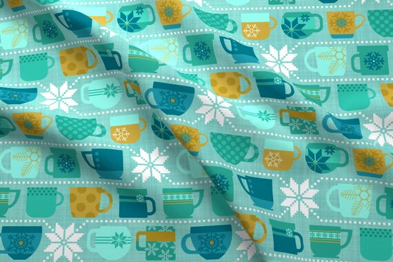 Blue Winter Coffee Fabric Snow Day Cocoa Mugs Fuzzy Sweaters | Etsy