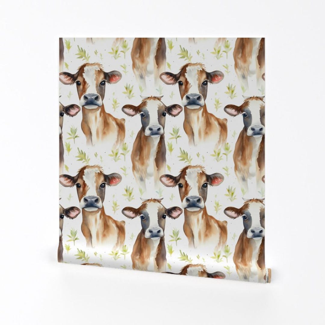Watercolor Cows Removable Peel and Stick Wallpaper - Brown Green White ...
