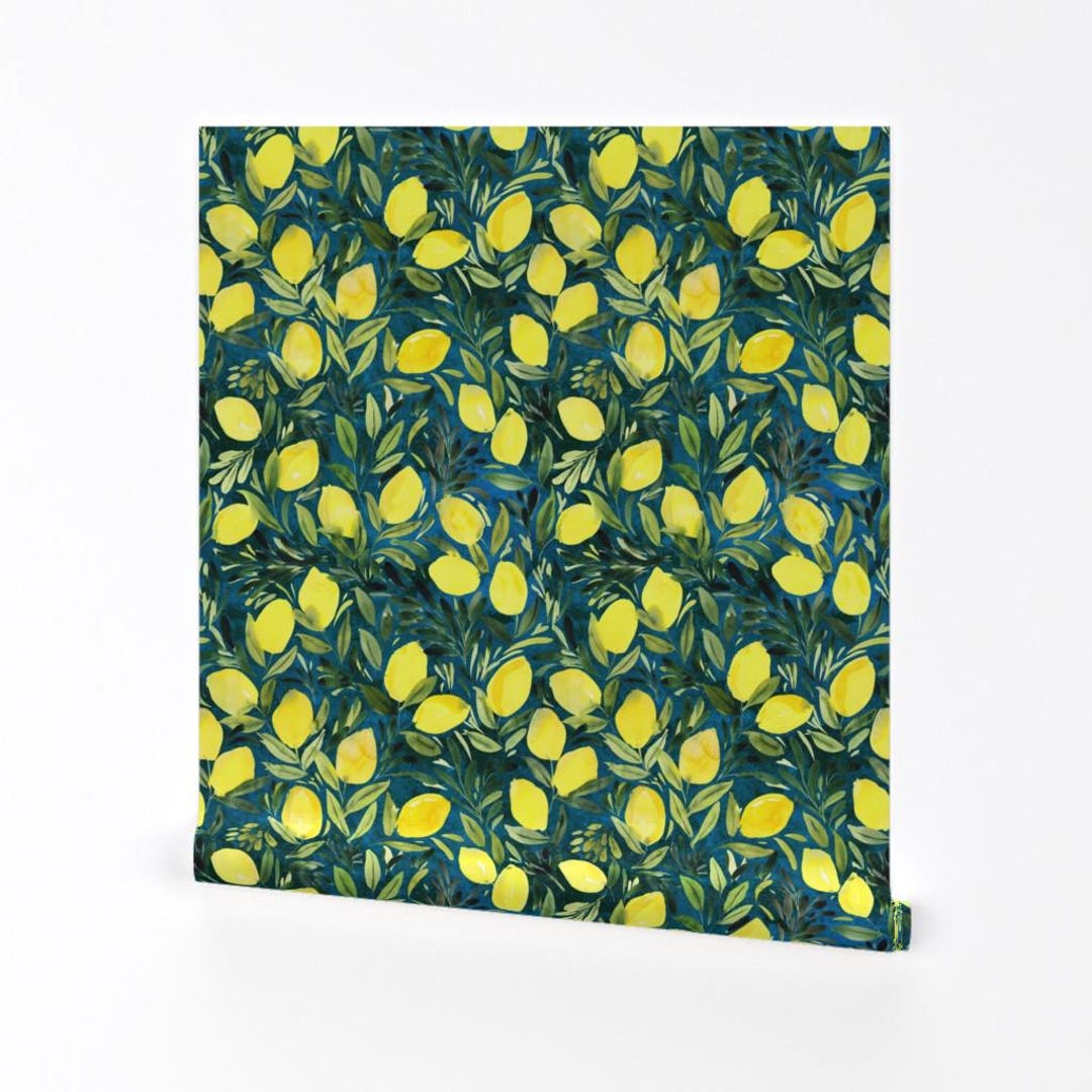 Lemon Citrus Removable Peel and Stick Wallpaper - Dark Blue Teal Food ...
