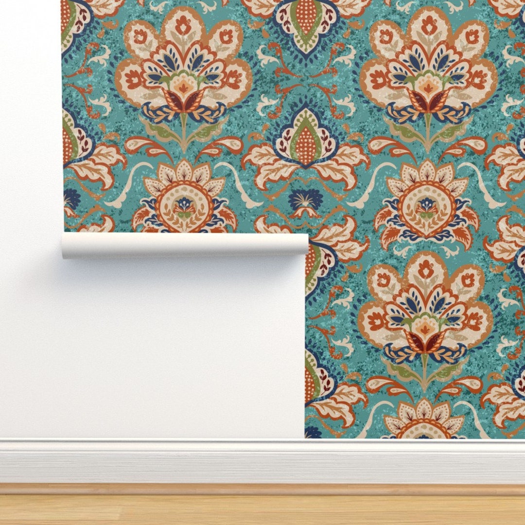Rococo Wallpaper Vintage Anette by Oppositedge Teal Orange - Etsy