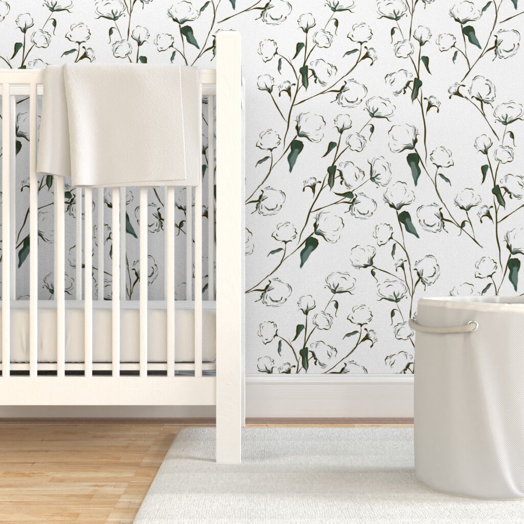 Cotton Wallpaper Cotton Bolls Sketch by Fat Bird Designs - Etsy