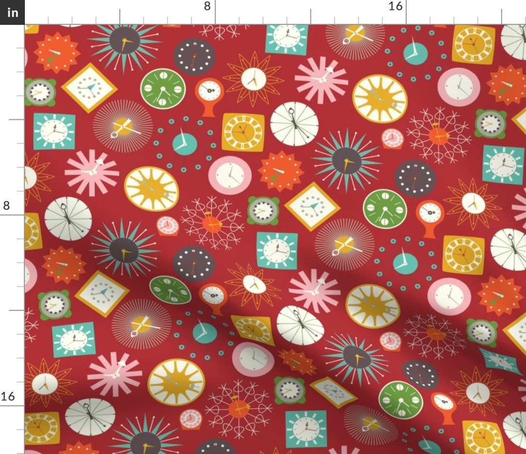Retro Clocks on Red Fabric Mod Clocks by Katerhees Retro Mod Scandi ...