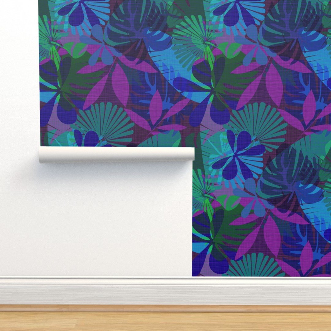 Retro Jungle Wallpaper Night Jungle Purple Bright by Mirimo - Etsy