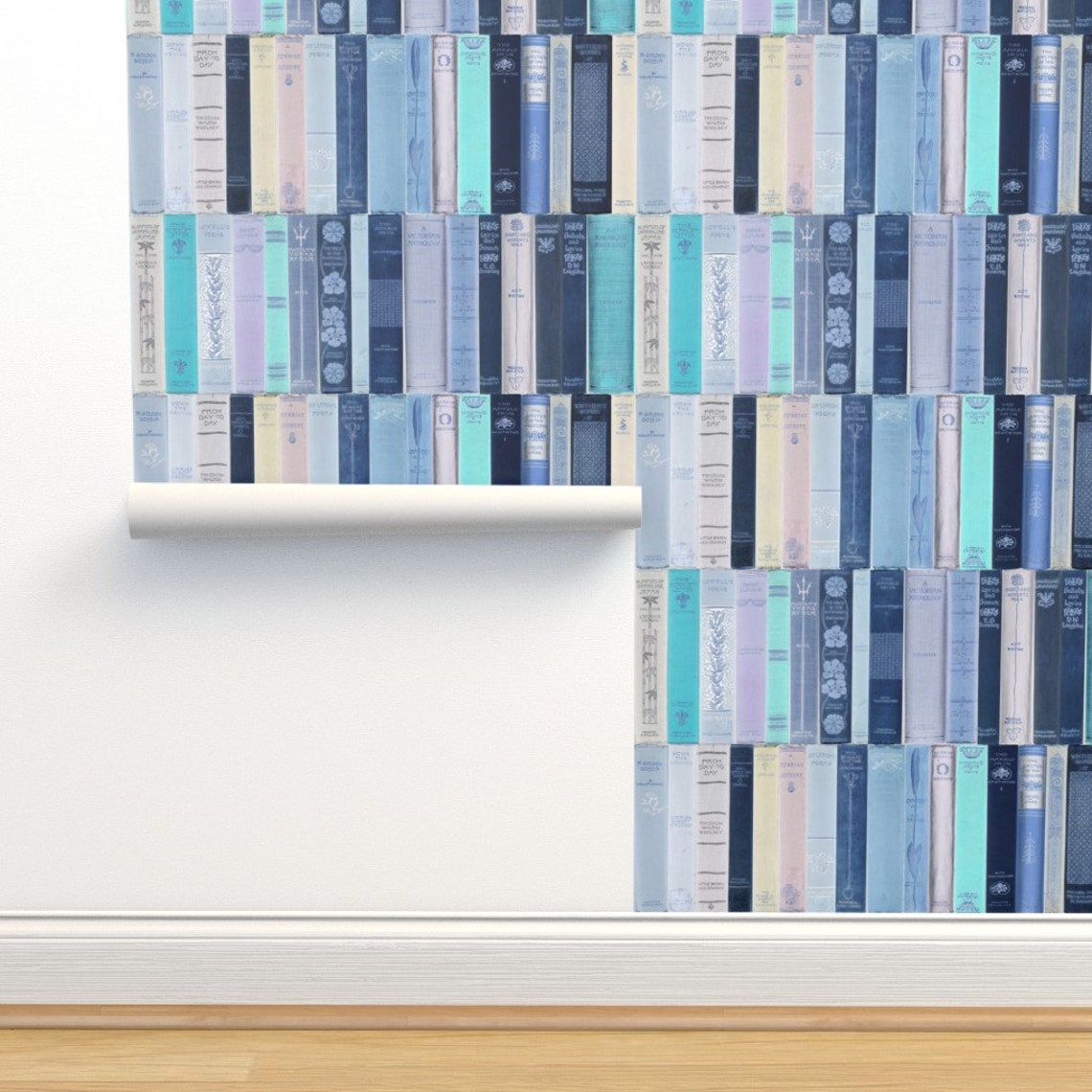 Books Wallpaper Instant Library Blue by Peacoquettedesigns - Etsy