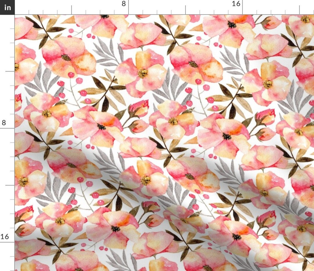 Spring Floral Fabric Pink Watercolor Flowers Branches by Graphicsdish ...