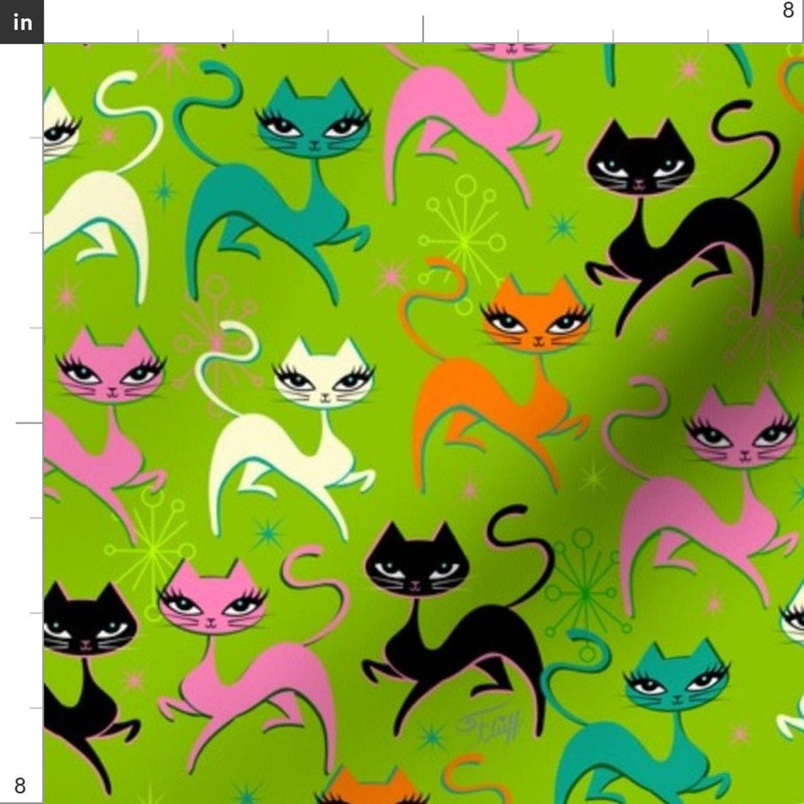 Mid Century Modern Fabric Prancing Kitten-fabric-green by | Etsy