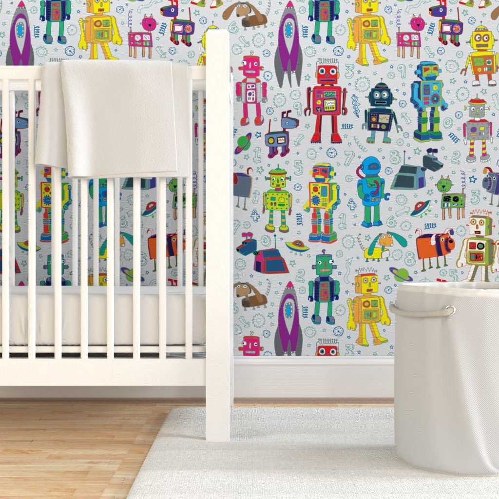 Robots Wallpaper Robots in Space on Gray by Cecca Robots - Etsy