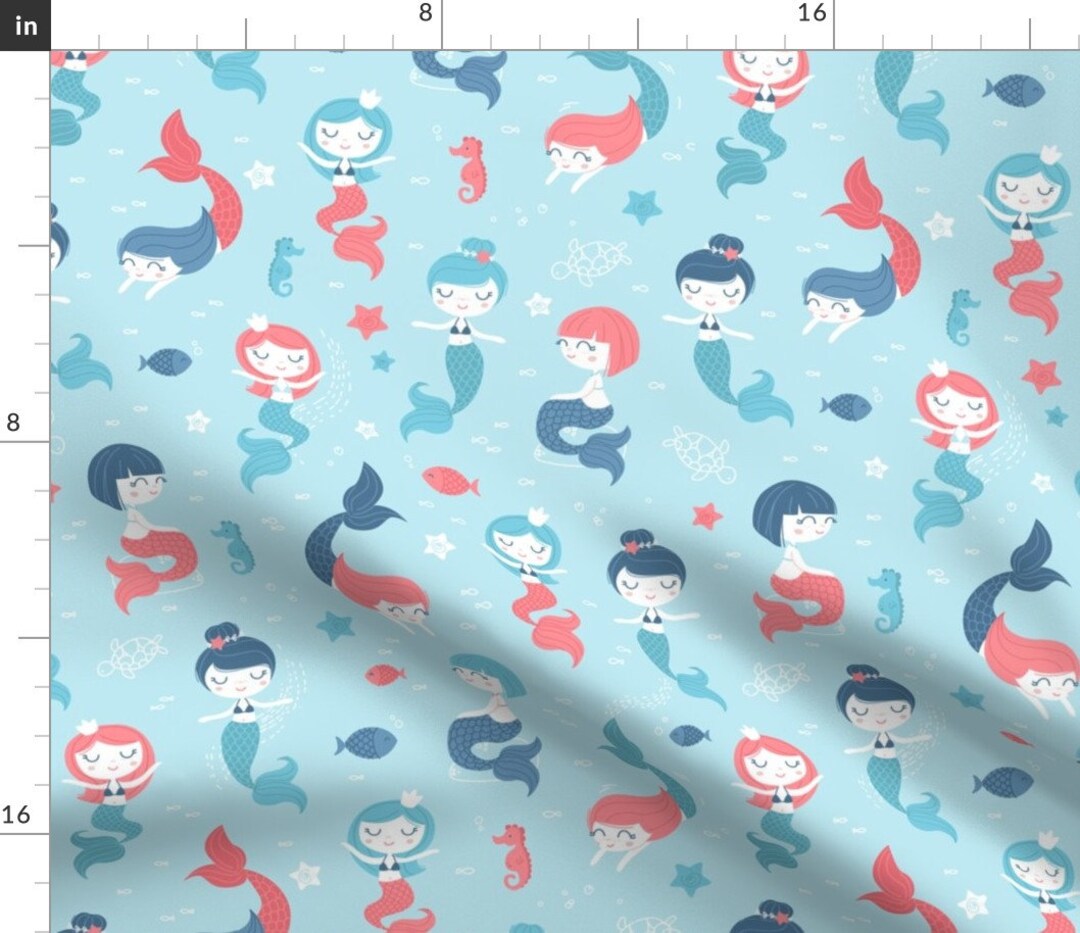 Mermaid Fabric Mermaids Blue and Coral by Ewa Brzozowska Mermaid Fish ...