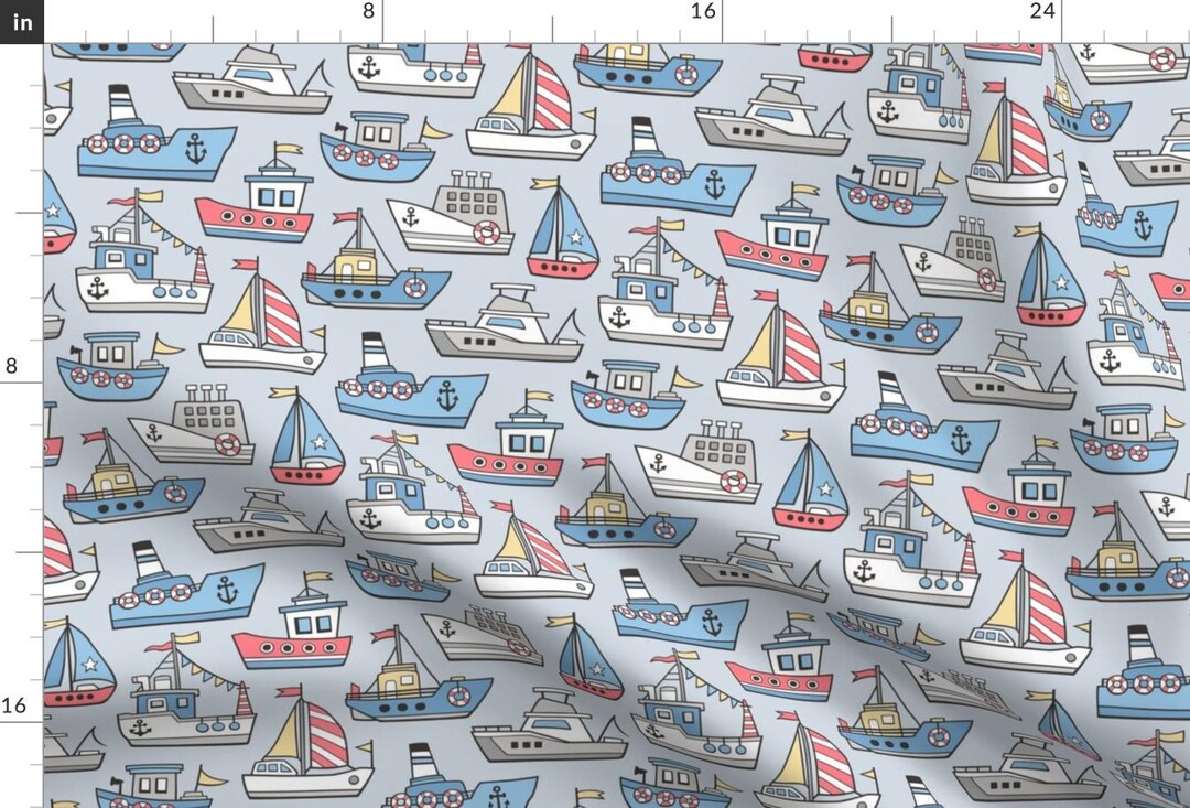 Sail Boats Fabric - Boats Ships Nautical Maritime Doodle on Light Blue ...