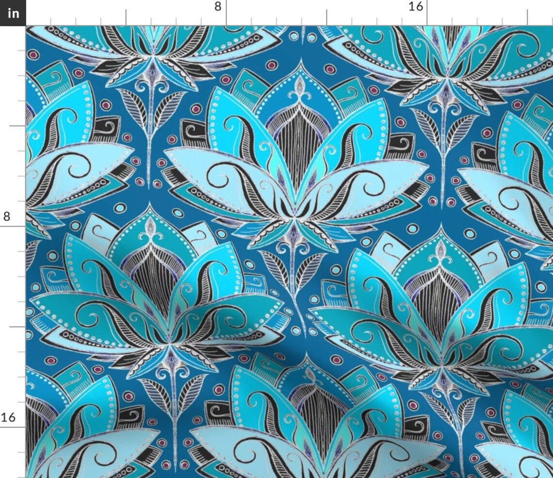Lotus Fabric Art Deco Lotus Rising in Tea Turquoise Black by - Etsy