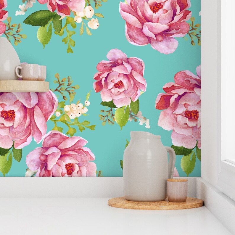 Floral Wallpaper 8 Light Pink Sunrise Teal by - Etsy