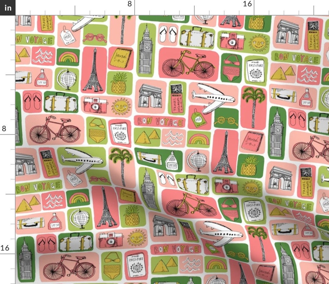 Travel Fabric Vacation Destinations Pink and Light Green by - Etsy