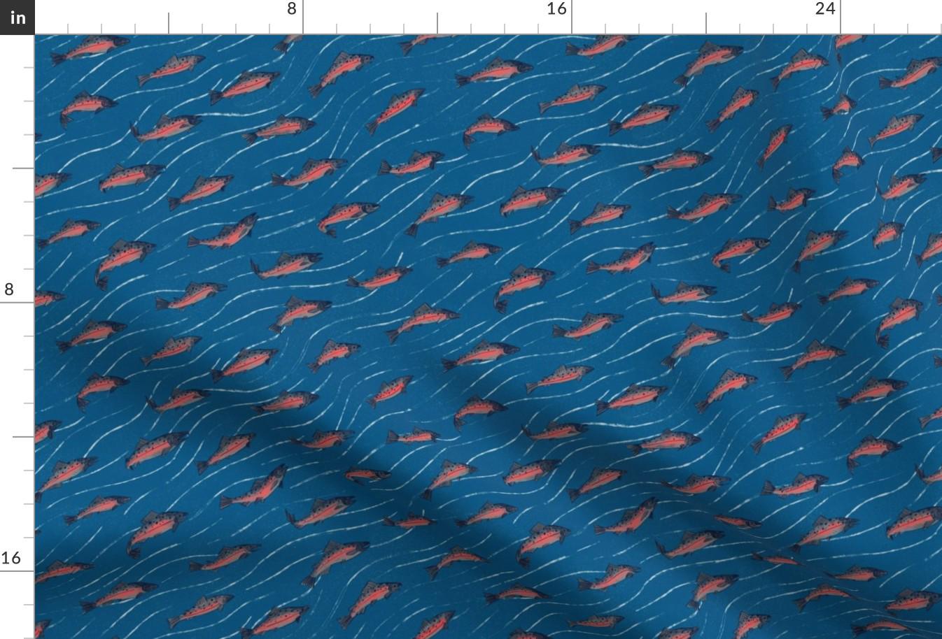 Salmon Fabric - Upstream Salmon by Caleb Luke Lin - Salmon Fish Fishing ...