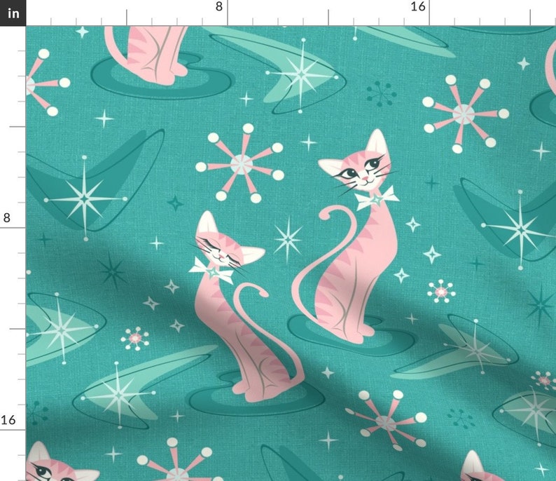Cat Retro Teal Pink Fabric Kitsch Kitten Collectibles © - Etsy