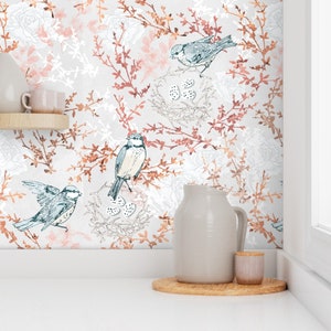 Bird Wallpaper Bluebirds by Nouveau Bohemian Blue Red Pink - Etsy