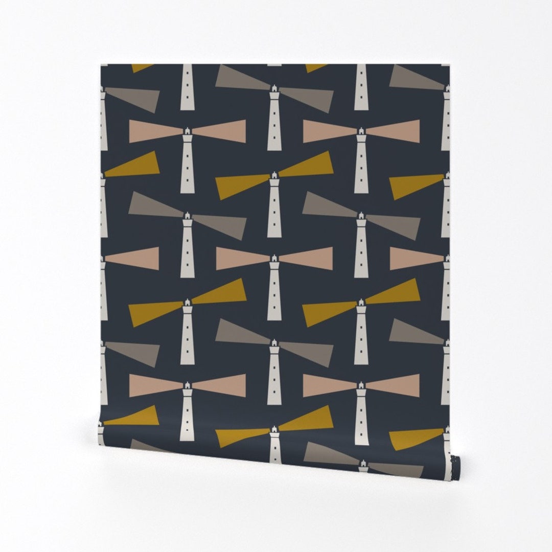 Nautical Wallpaper Lighthouse Navy by Lemonni Navy Gray Mustard Custom ...