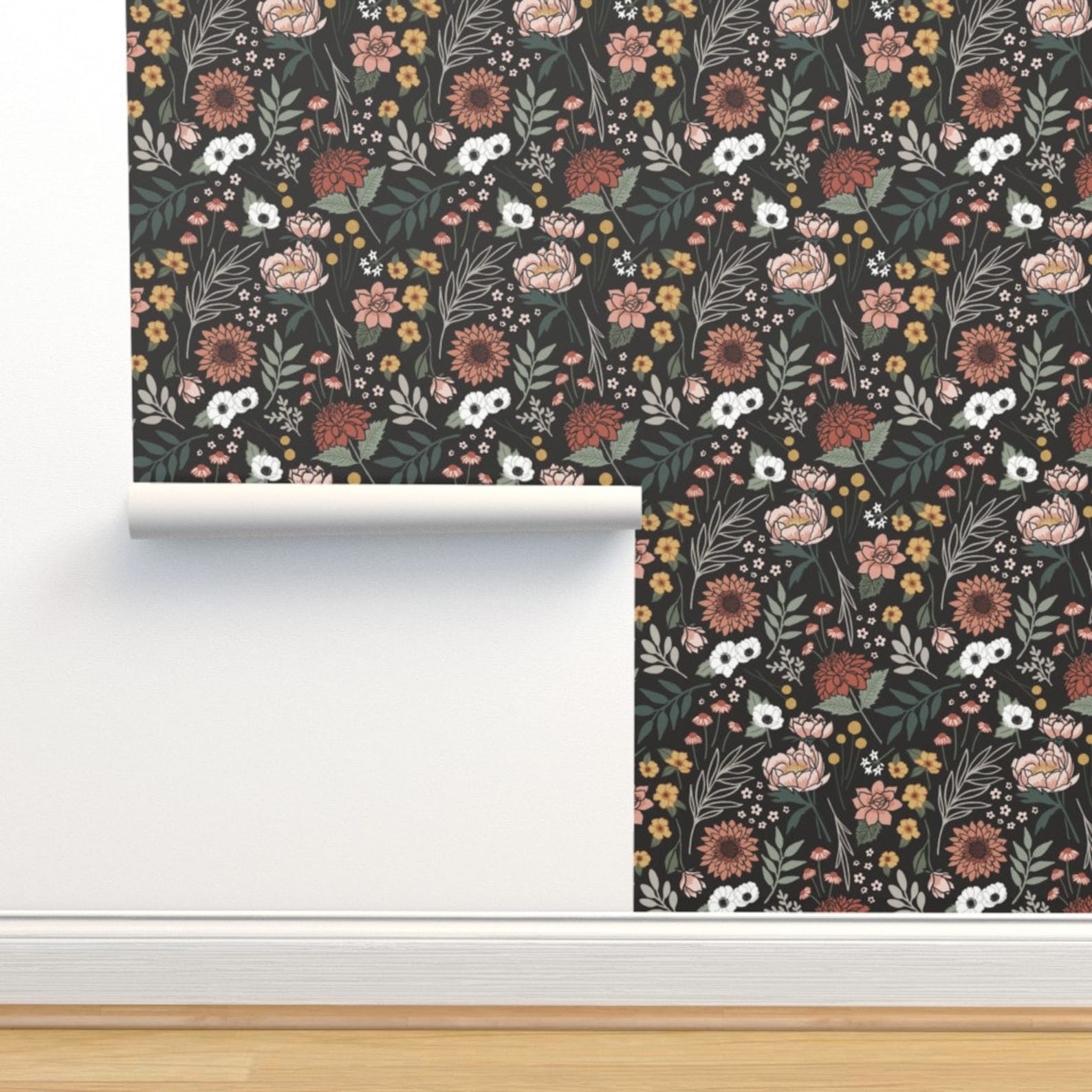 Boho Floral Wallpaper Boho Floral on Black by Devondesignco - Etsy
