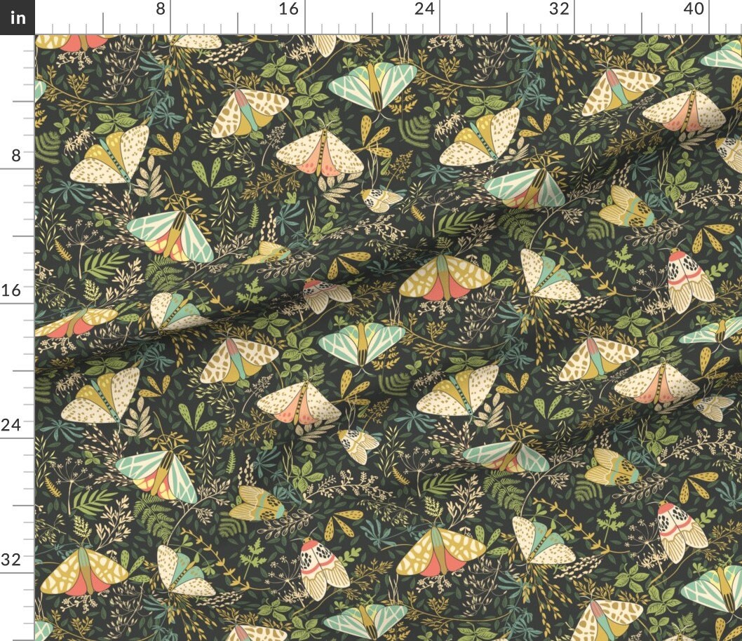 Moths Fabric Microscopic Worlds by Garabateo Green Yellow | Etsy