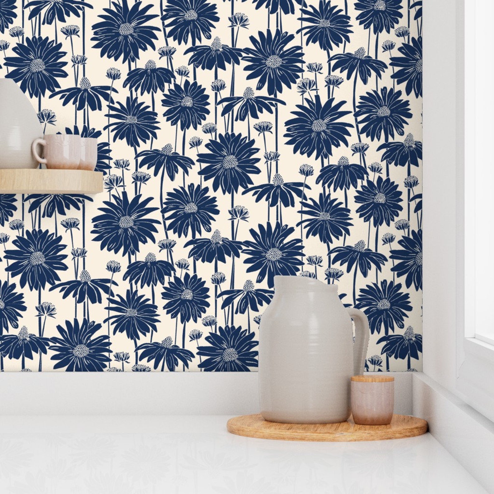 Daisy Wallpaper Sunshine Daisy Indigo Cream by Jillbyers - Etsy