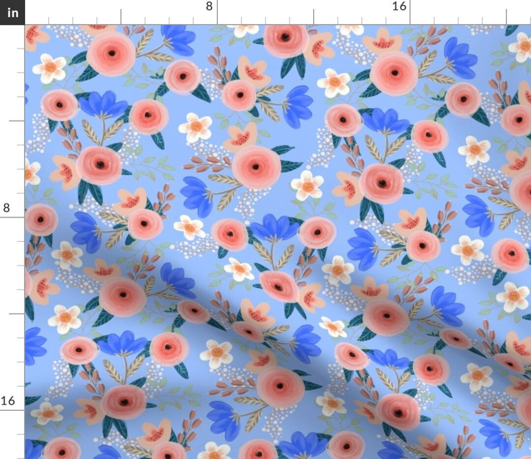 Vintage Flowers Fabric Blush Pink Roses and Blue Flowers on French Blue ...