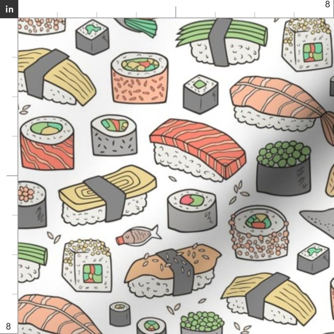 Sushi Fabric - Sushi on White by Caja Design - Sushi Japanese Food Fish ...