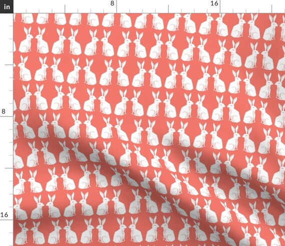 Rabbits Fabric Rabbit Block Print Coral Nursery Easter - Etsy