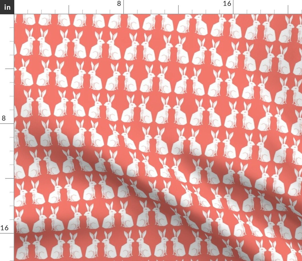 Rabbits Fabric Rabbit Block Print Coral Nursery Easter | Etsy