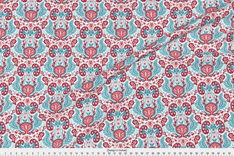 Kidney Damask Fabric Kidney Damask Red/Teal By Chantal Pare | Etsy