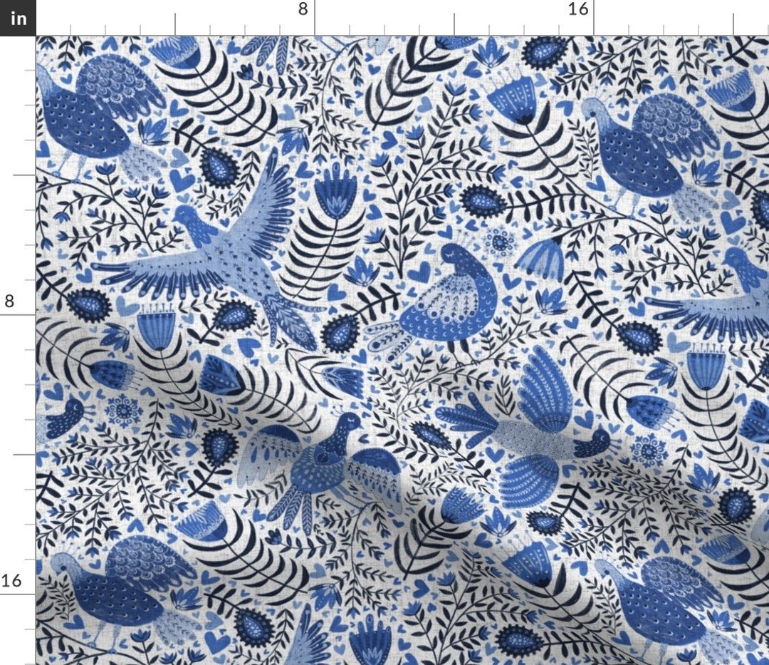 Blue Bird Floral Fabric Scandinavian Birds Indigo Blue by - Etsy