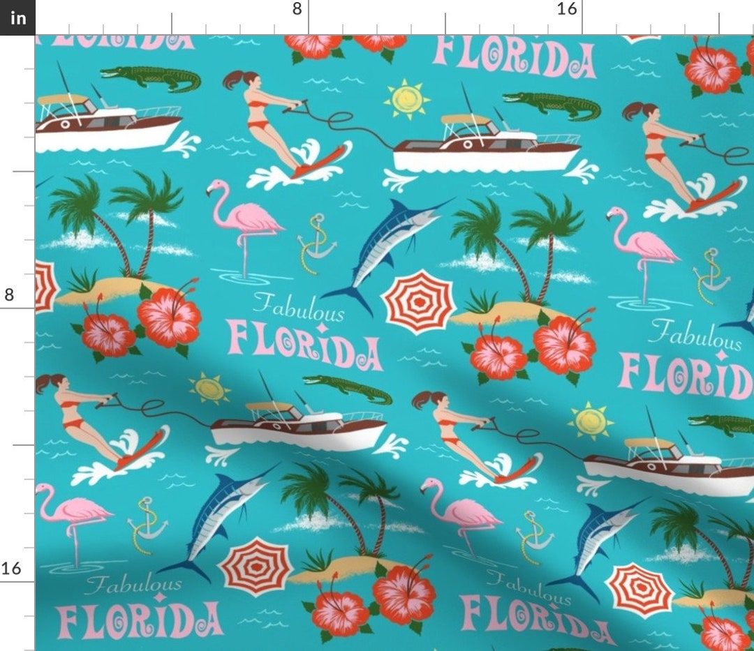 Florida Blue Vacation Summer Pattern Postcard Fabric - Etsy
