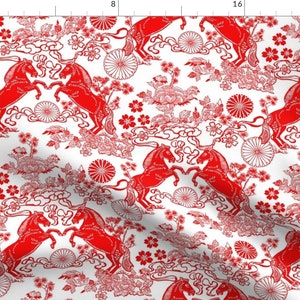 Red Horse Toile Fabric Chinese Horses and Peonies by - Etsy