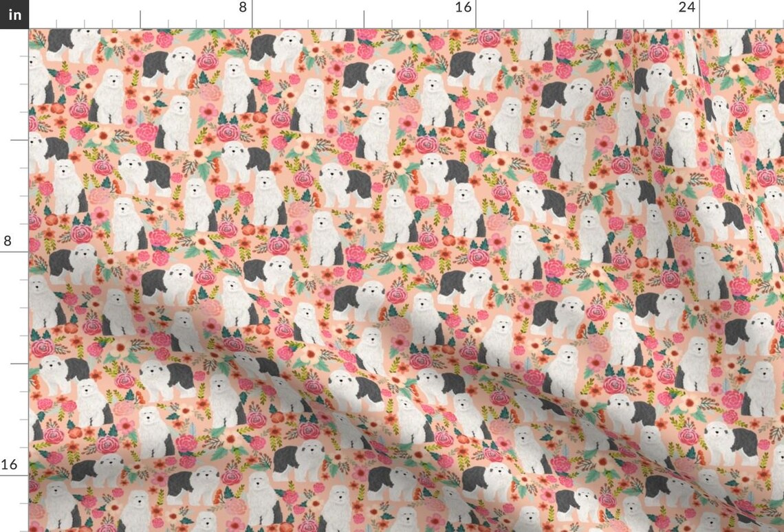 Sheepdog Fabric - Old English Sheepdog Florals Cute Floral Dogs by ...