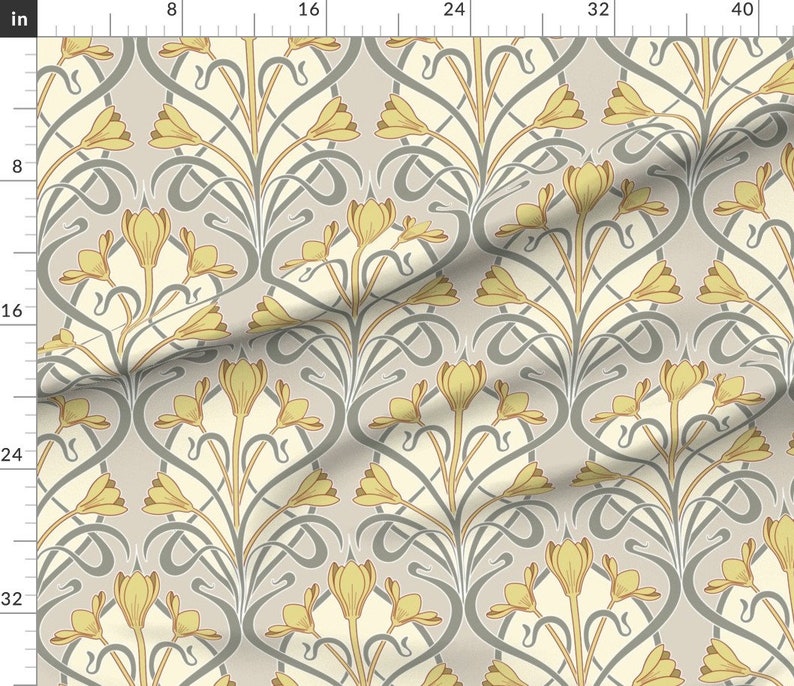 Yellow Floral Hearts Fabric Crocus Art Nouveau Vintage by - Etsy