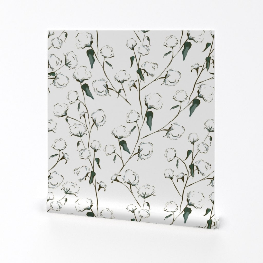 Cotton Wallpaper Cotton Bolls Sketch by Fat Bird Designs Farmhouse ...