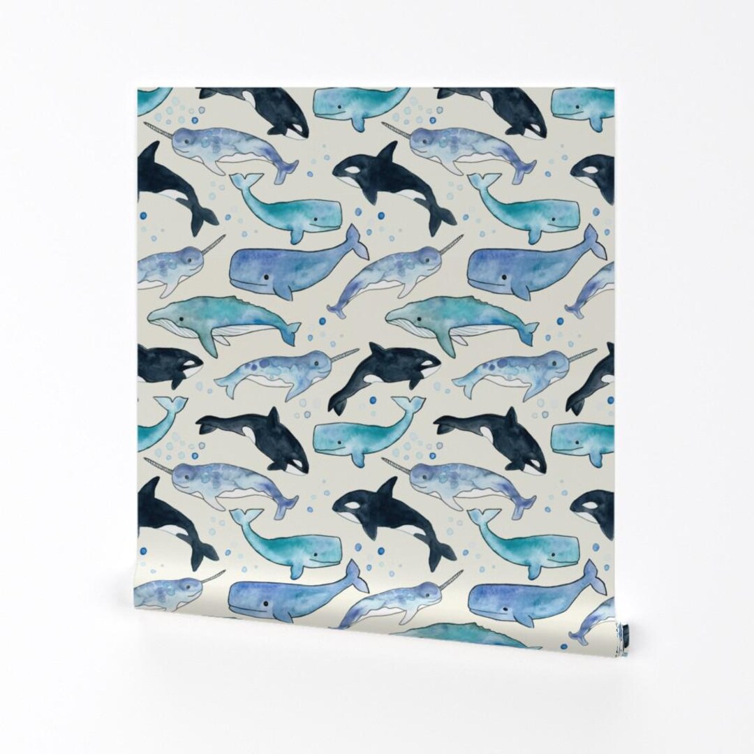Nautical Whales Wallpaper- Whales Orcas Narwhals by Tangerine-tane ...