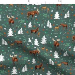 Moose Fabric Alpine Moose in Green by Wildship Winter Woodland Moose ...