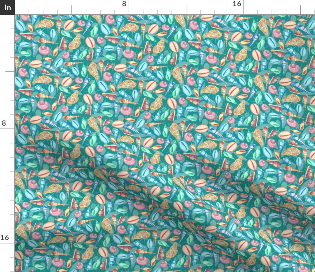 Aqua Sea Shells Fabric Watercolor Seashells Small Scale by - Etsy