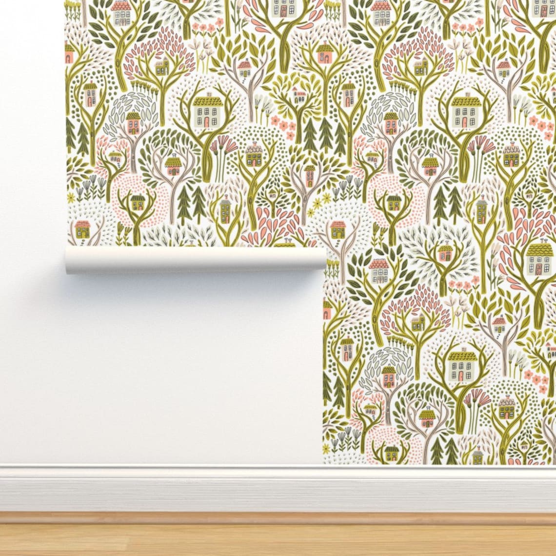 Treehouse Wallpaper Acacia pink and Green by Amy_maccready - Etsy